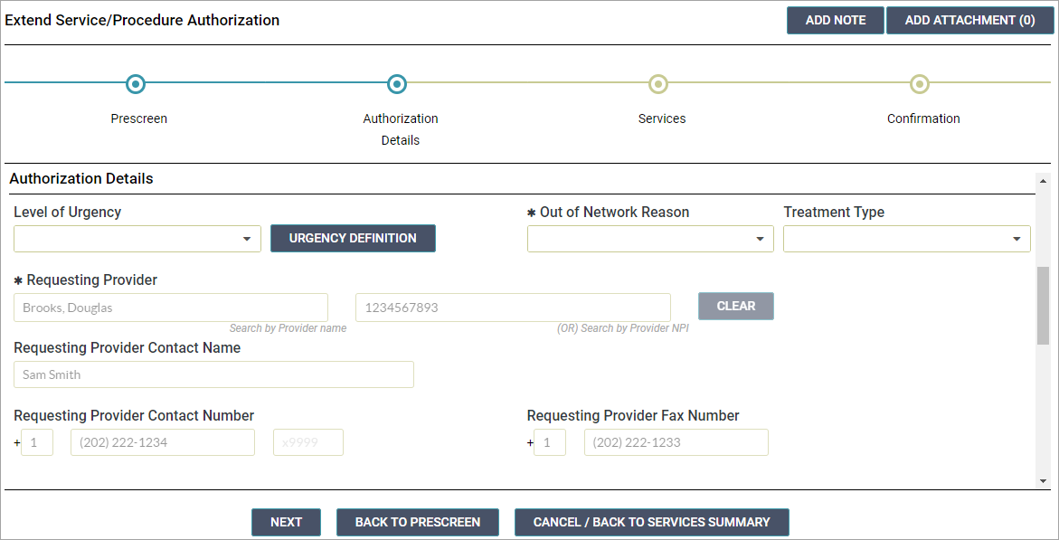 Completing the add service authorization details