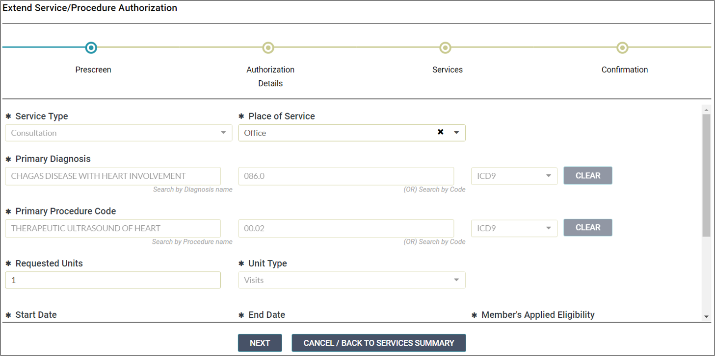 Complete the extend service prescreening